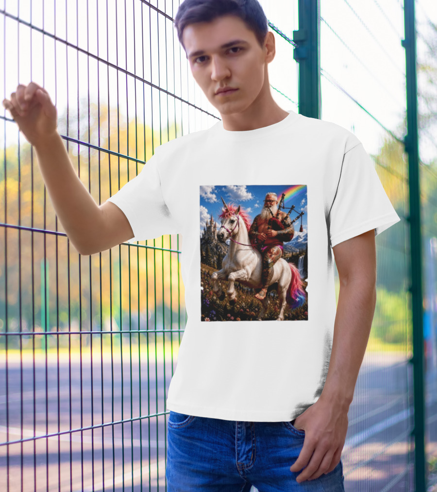 Bearded Scotsman Playing Bagpipes Riding A Rainbow Unicorn In Enchanted Castle Landscape T-Shirt