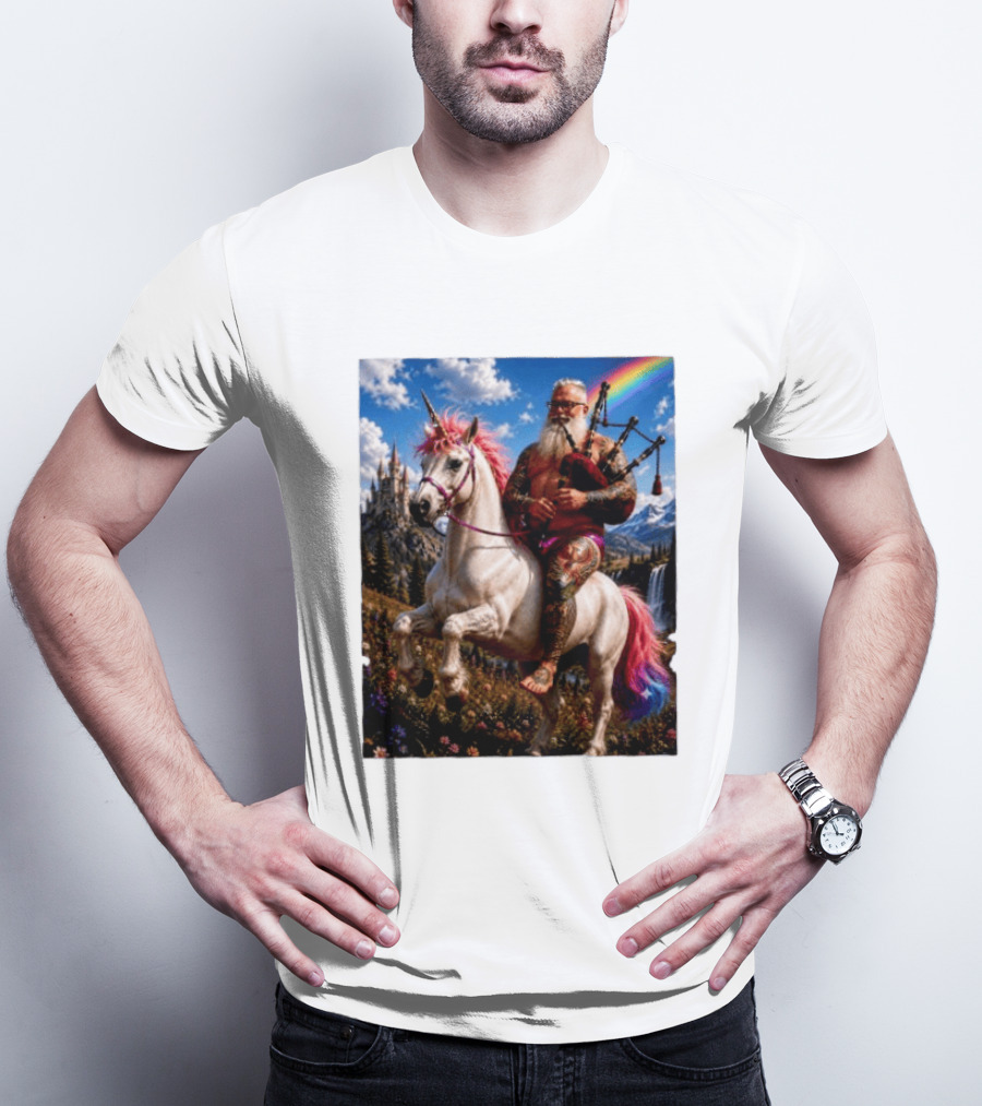 Bearded Scotsman Playing Bagpipes Riding A Rainbow Unicorn In Enchanted Castle Landscape T-Shirt