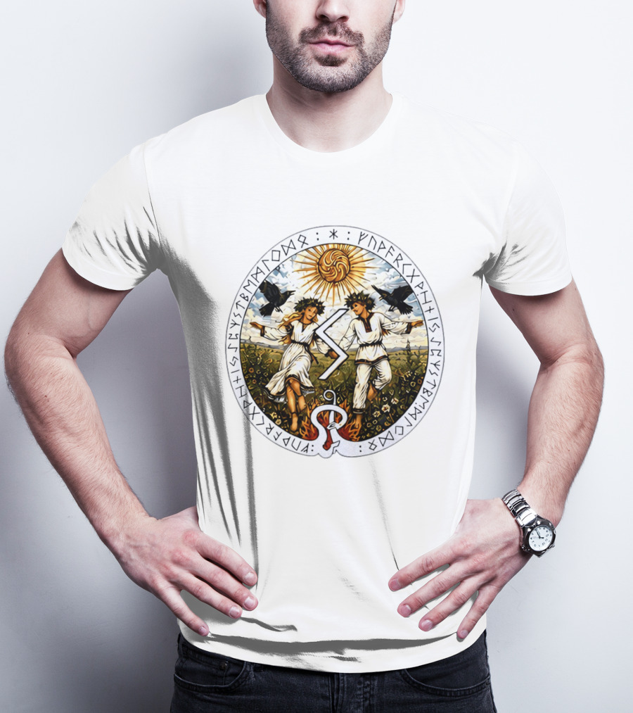 Seidr Sun Wheel Futhark Runes Pagan Folk Norse Mythology Ravens And Dancing Figures T-Shirt