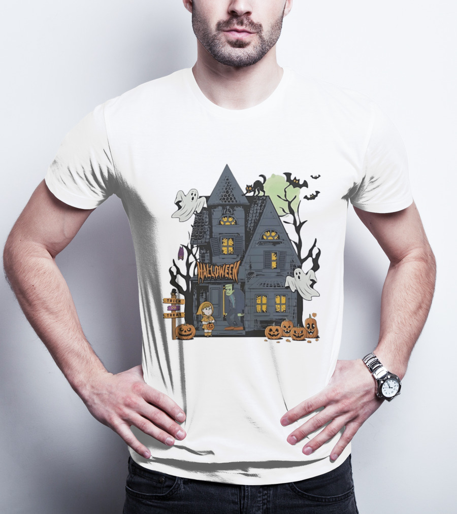 Halloween Haunted House With Frankenstein Trick Or Treat Ghosts And Pumpkins T-Shirt