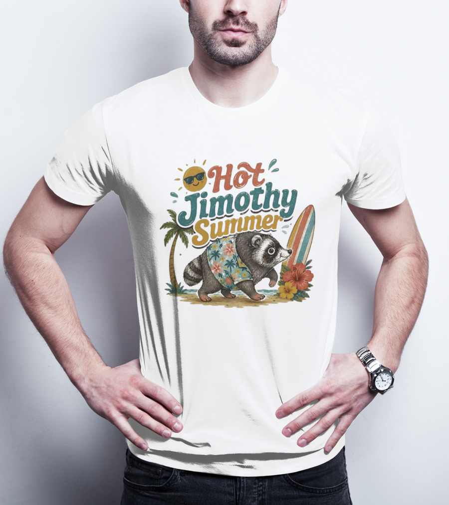 Hot Jimothy Summer Raccoon Tropical Surfing Vibes Vintage Paradise T-Shirt