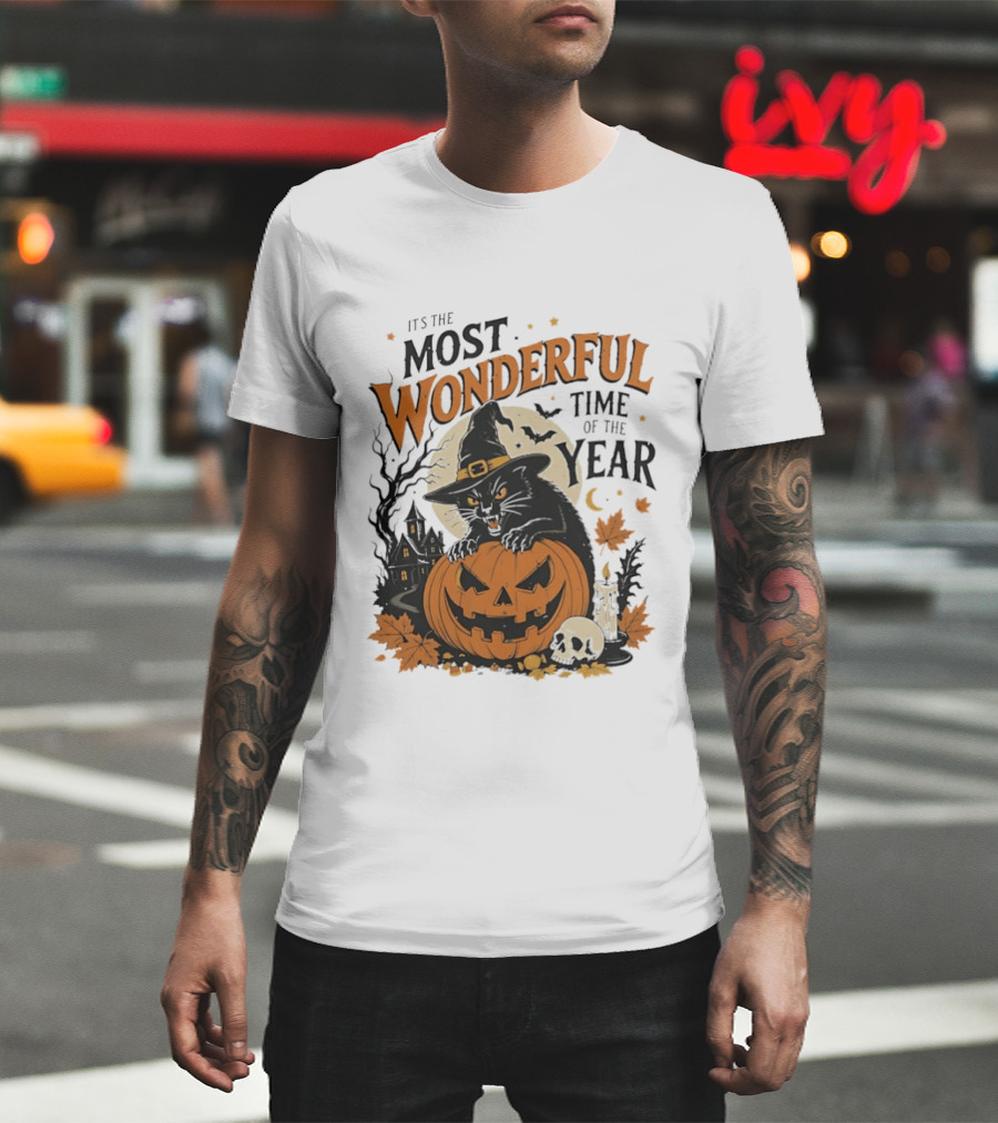 It's The Most Wonderful Time Of The Year Witch Cat And Pumpkin Halloween T-Shirt