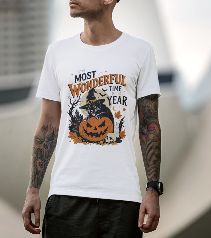 It's The Most Wonderful Time Of The Year Witch Cat And Pumpkin Halloween T-Shirt