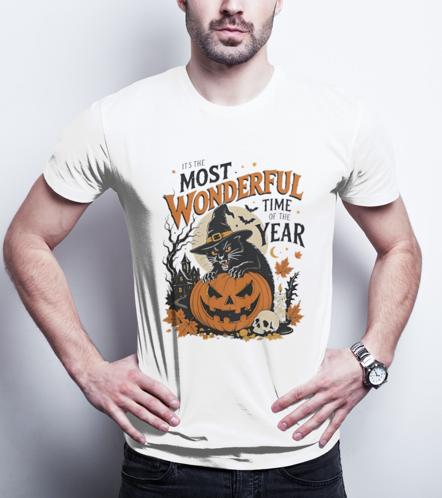 It's The Most Wonderful Time Of The Year Witch Cat And Pumpkin Halloween T-Shirt