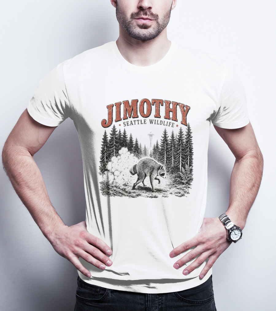 Jimothy Seattle Wildlife Raccoon With Space Needle Forest Scene T-Shirt