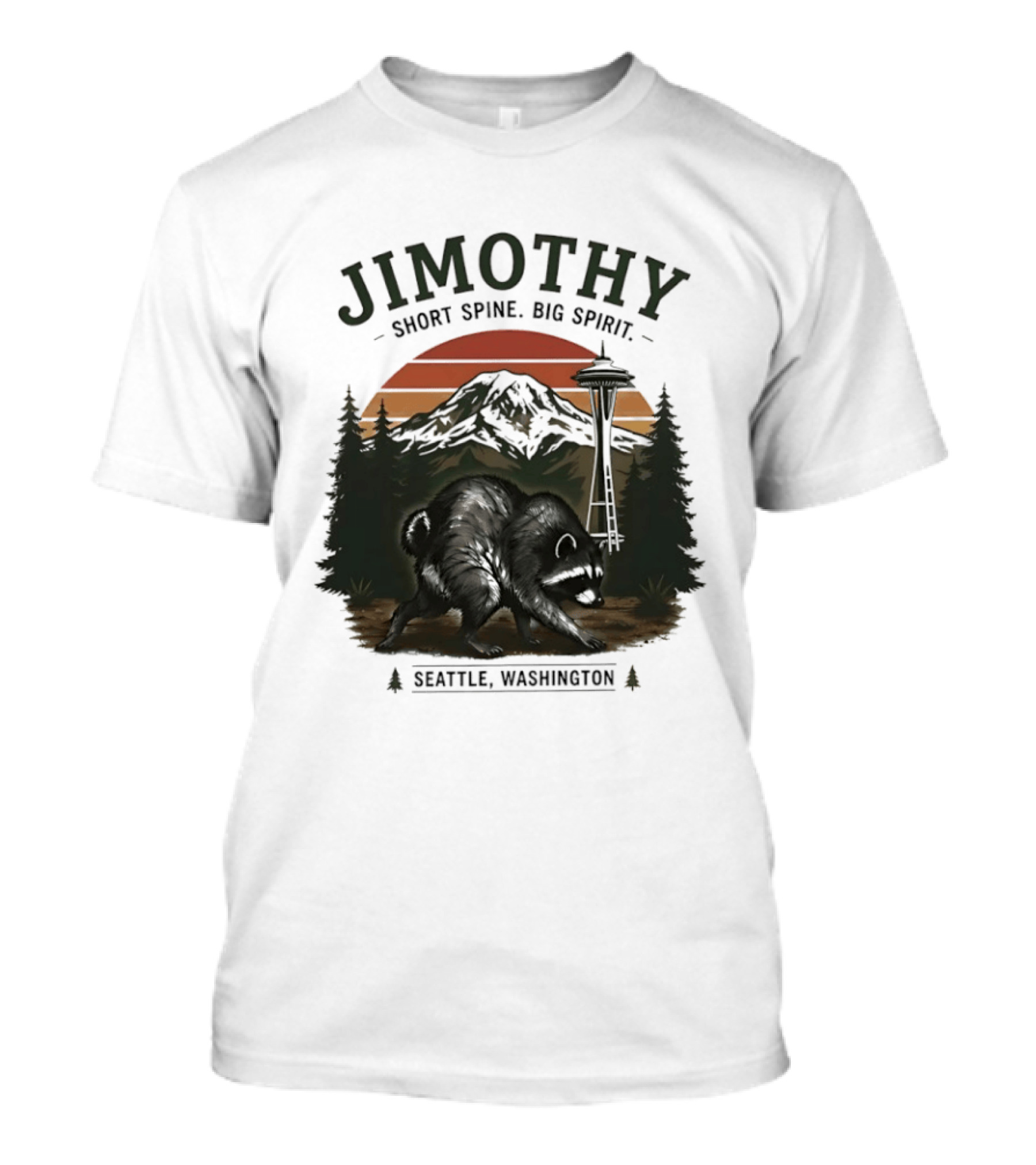 Jimothy Short Spine Big Spirit Bear Seattle Washington Skyline Sunset T-Shirt