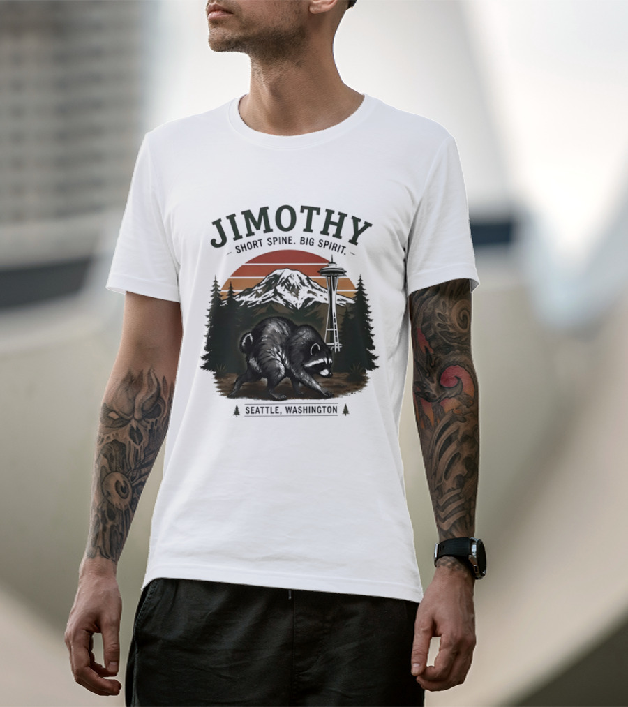 Jimothy Short Spine Big Spirit Bear Seattle Washington Skyline Sunset T-Shirt