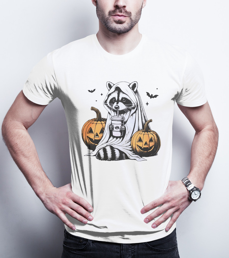 Raccoon Ghost With Iced Coffee And Jack O' Lanterns Halloween T-Shirt