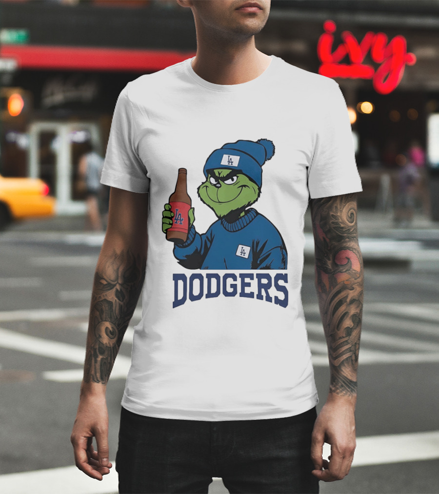 Los Angeles Dodgers MLB Christmas Grinch Beanie And Sweater T-Shirt