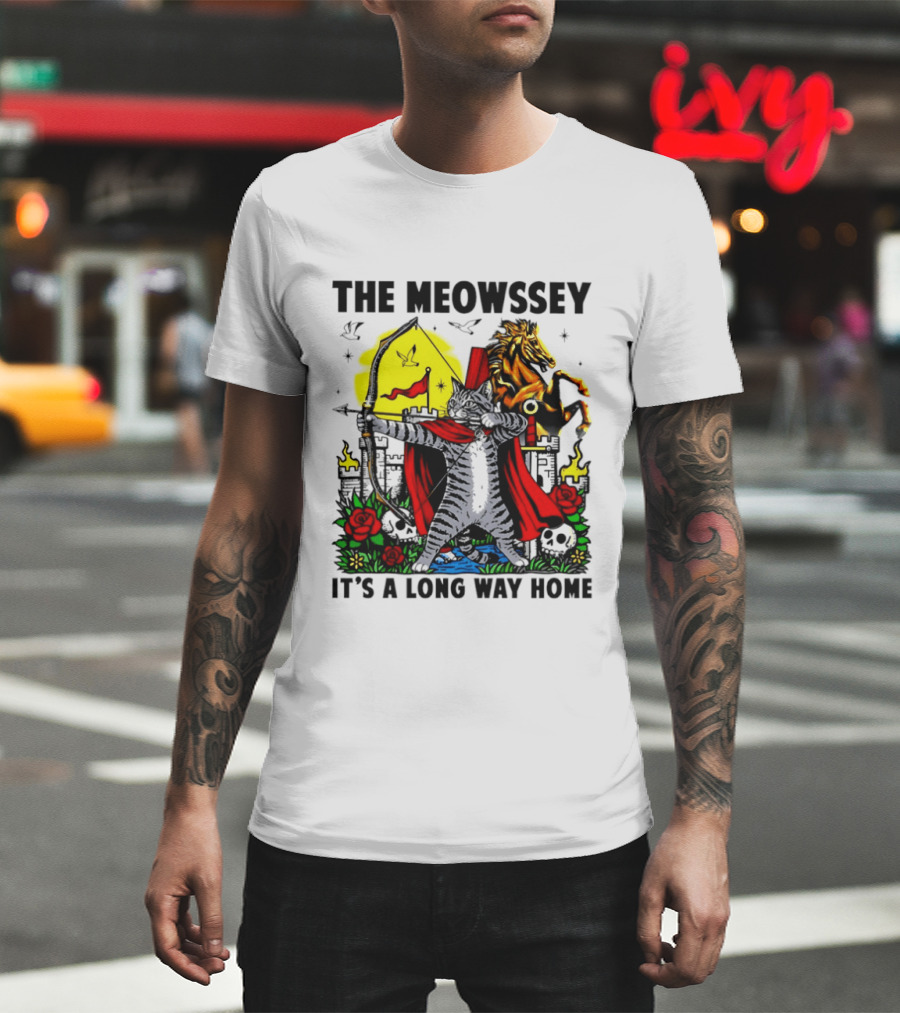 The Meowssey It's A Long Way Home Cat Archer With Red Cape And Horse T-Shirt