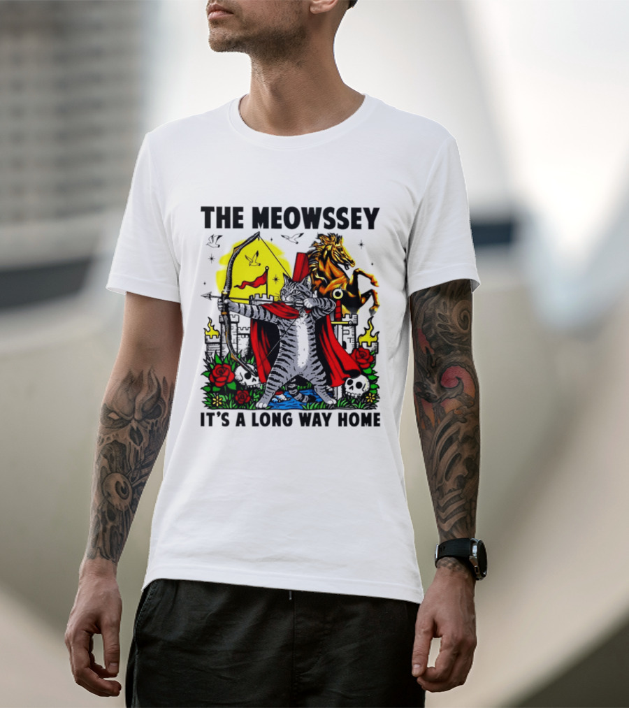 The Meowssey It's A Long Way Home Cat Archer With Red Cape And Horse T-Shirt