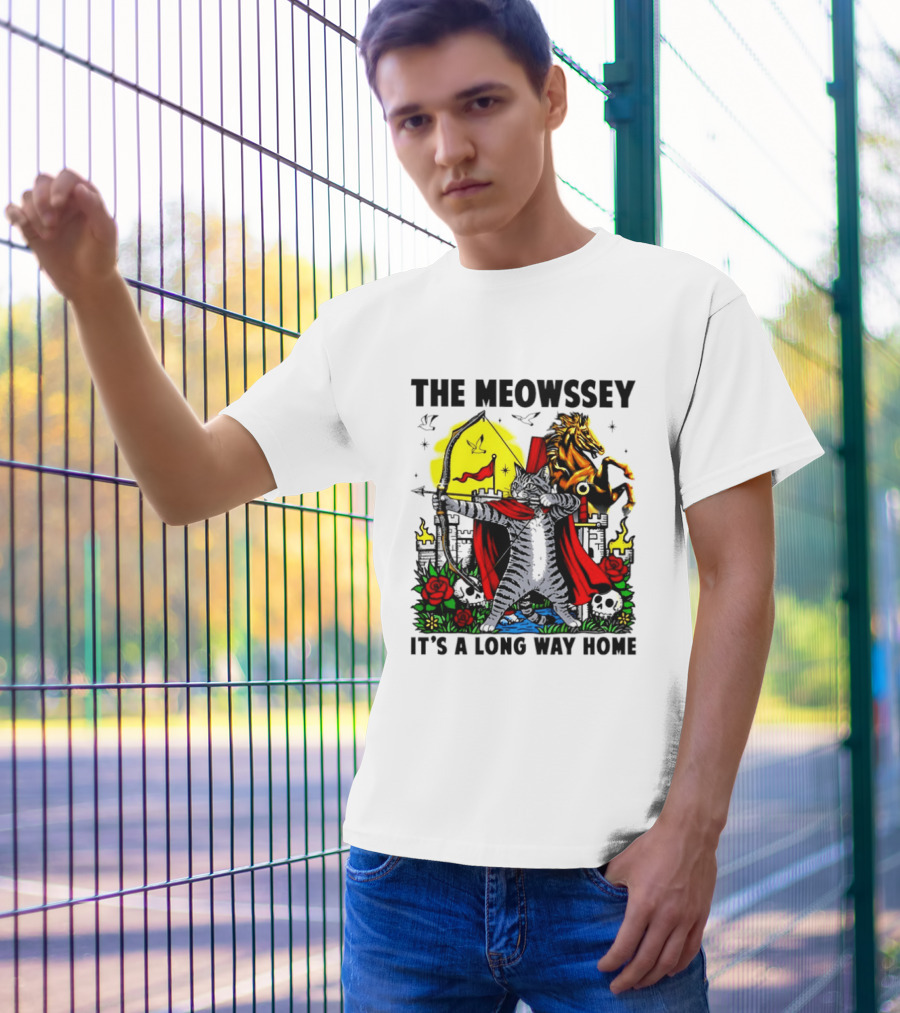 The Meowssey It's A Long Way Home Cat Archer With Red Cape And Horse T-Shirt