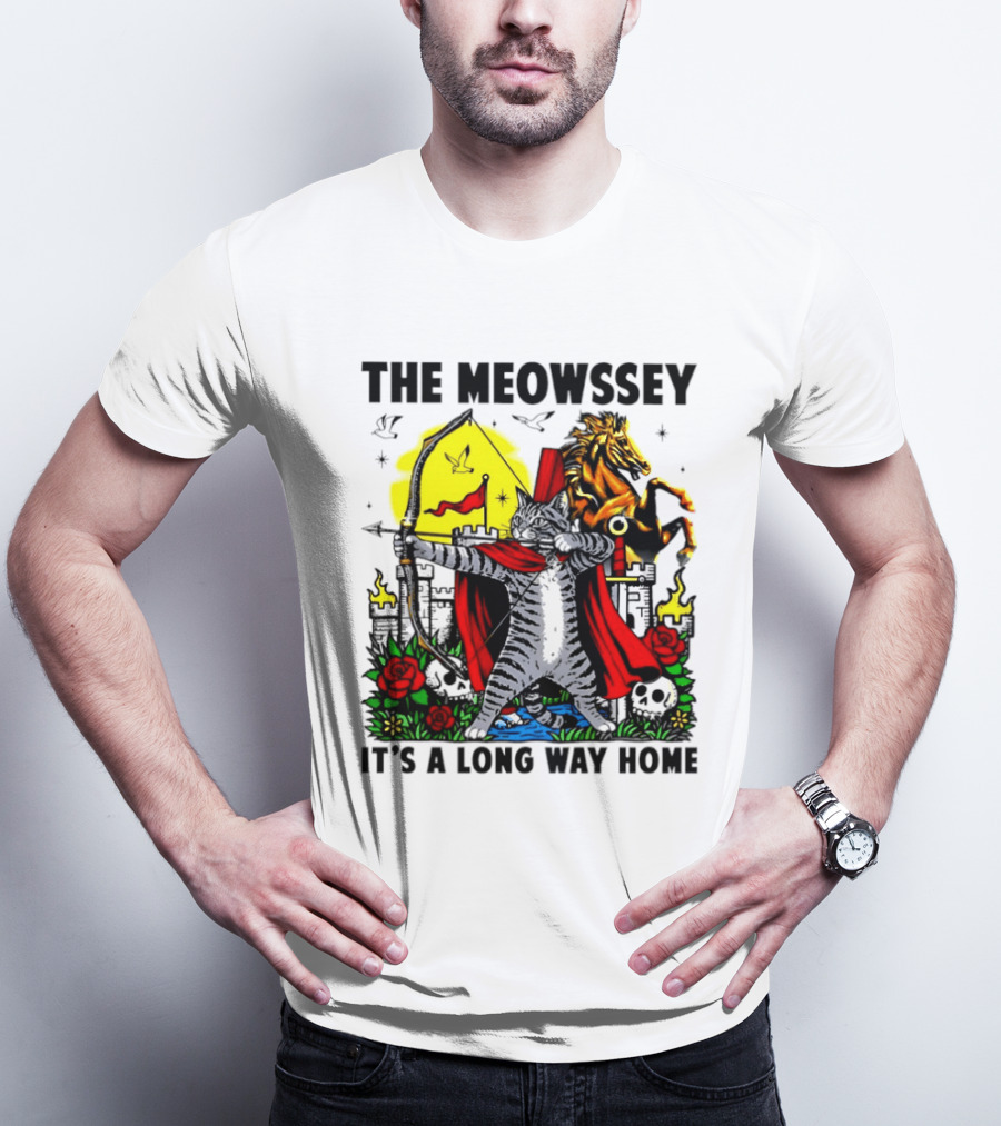 The Meowssey It's A Long Way Home Cat Archer With Red Cape And Horse T-Shirt