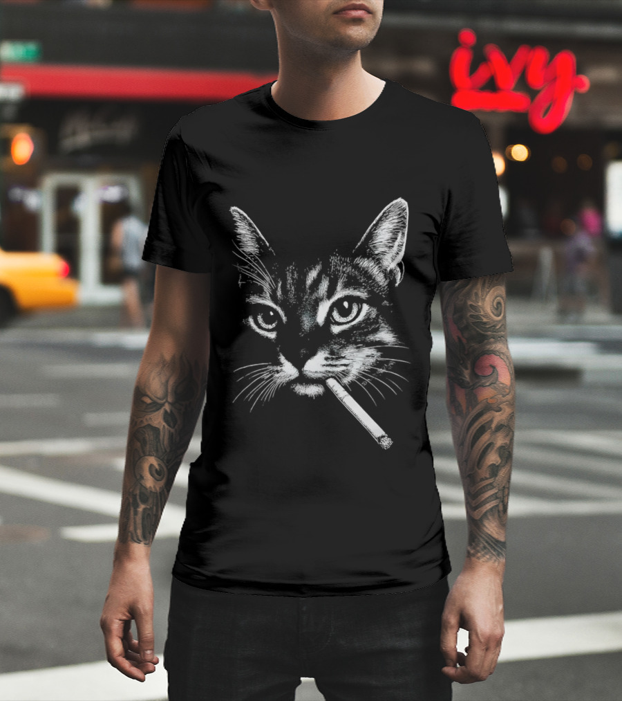 Cat Smoking A Cigarette Vintage Style Retro Look T-Shirt