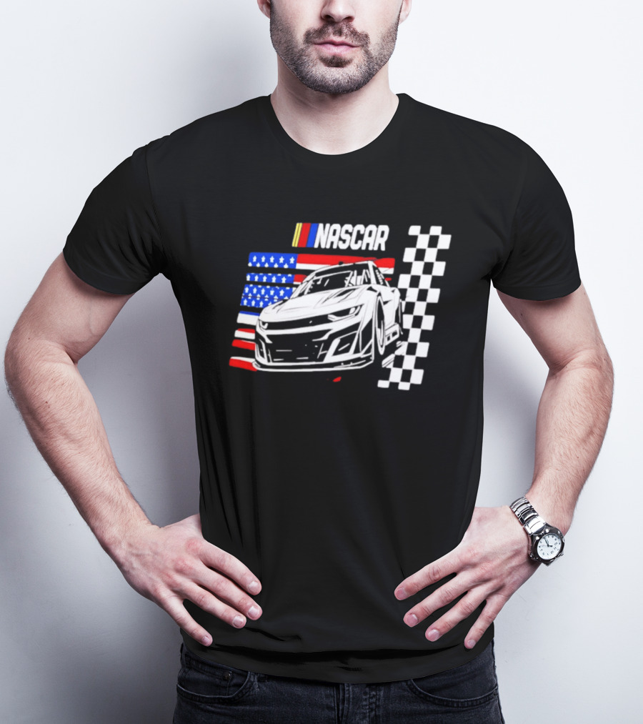Nascar Race Car American Flag Checkered Flag T-Shirt