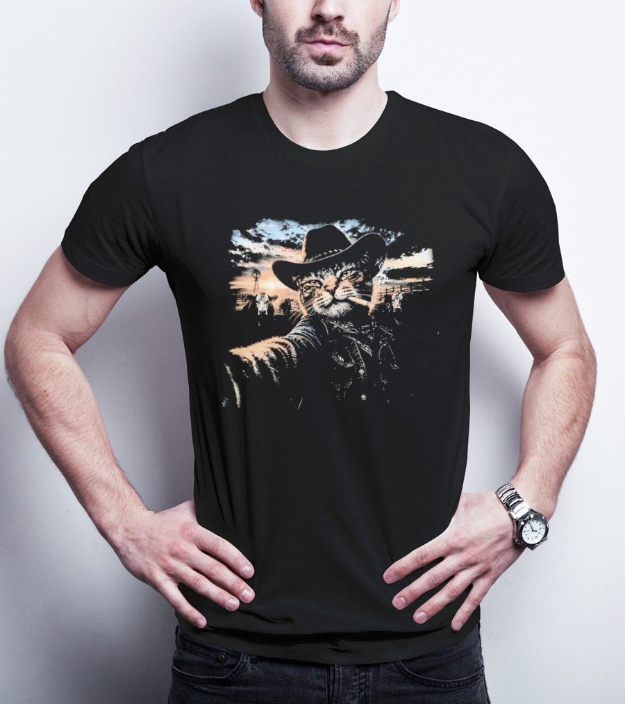 Cowboy Cat Smoking Selfie Sunset Western Sky Scene T-Shirt