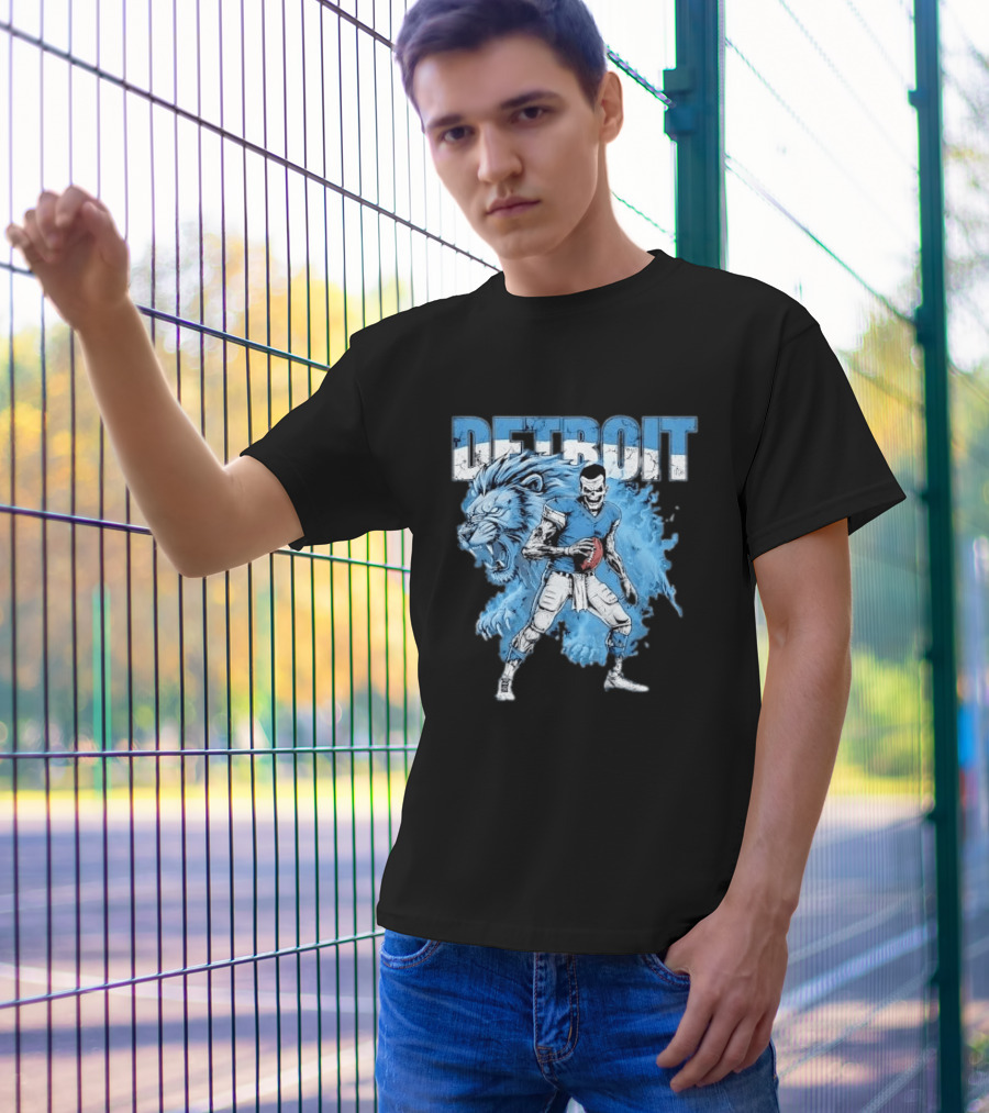 Detroit Lions Zombie Quarterback With Football And Fierce Lion T-Shirt