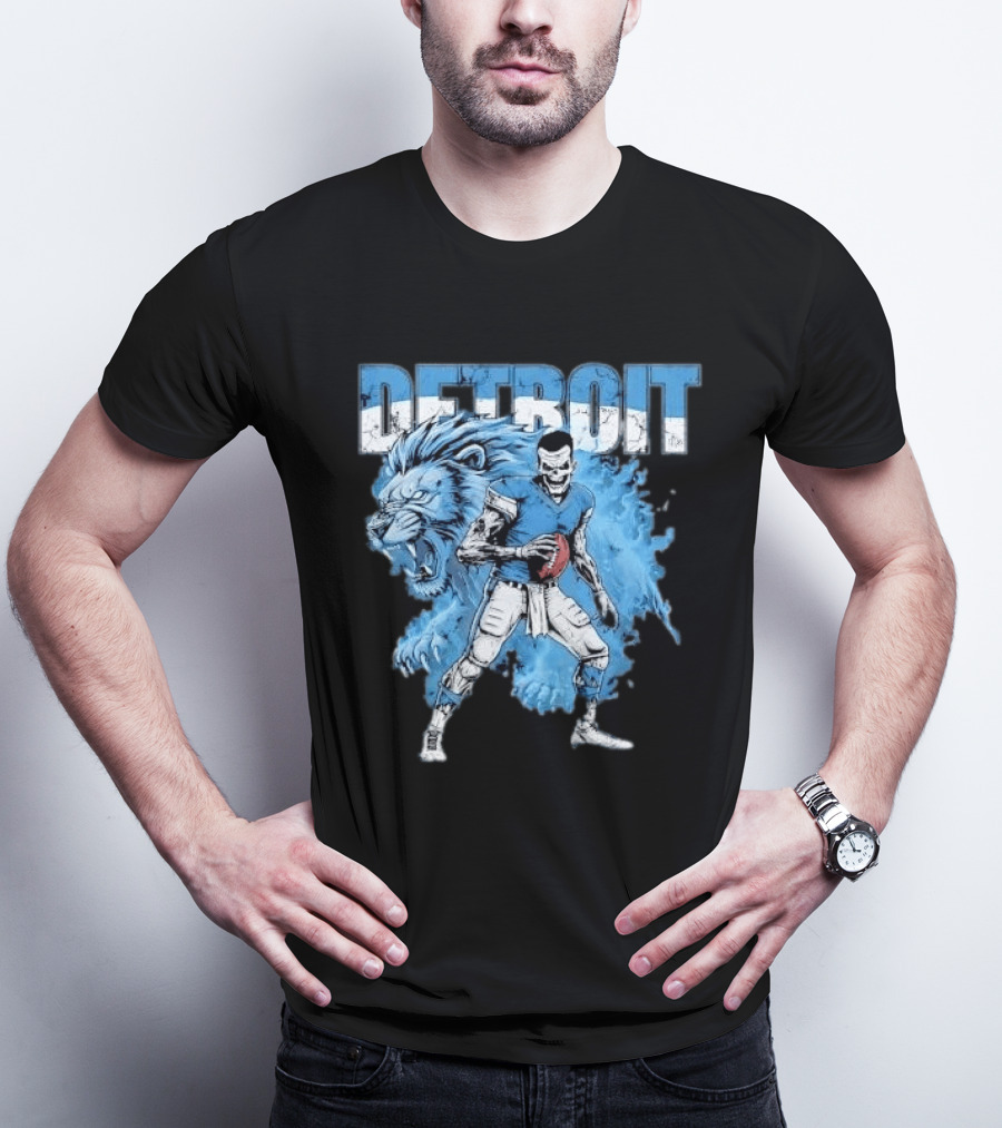 Detroit Lions Zombie Quarterback With Football And Fierce Lion T-Shirt