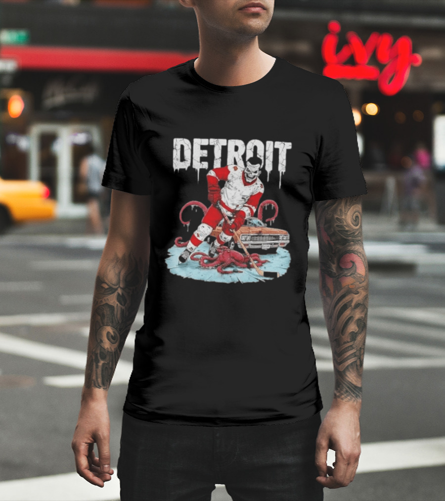 Detroit Red Wings Skull Hockey Player Tentacles Car T-Shirt