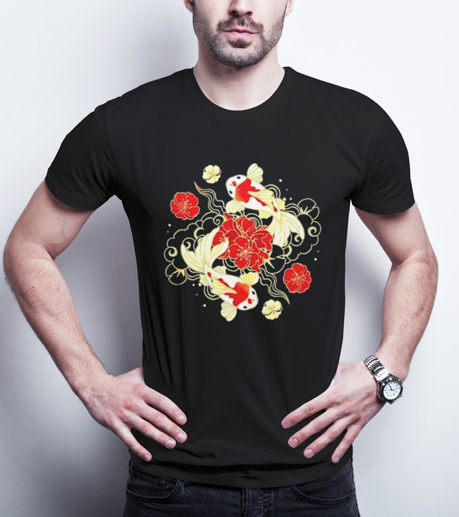 Koi Fish With Red And White Japanese Flowers T-Shirt