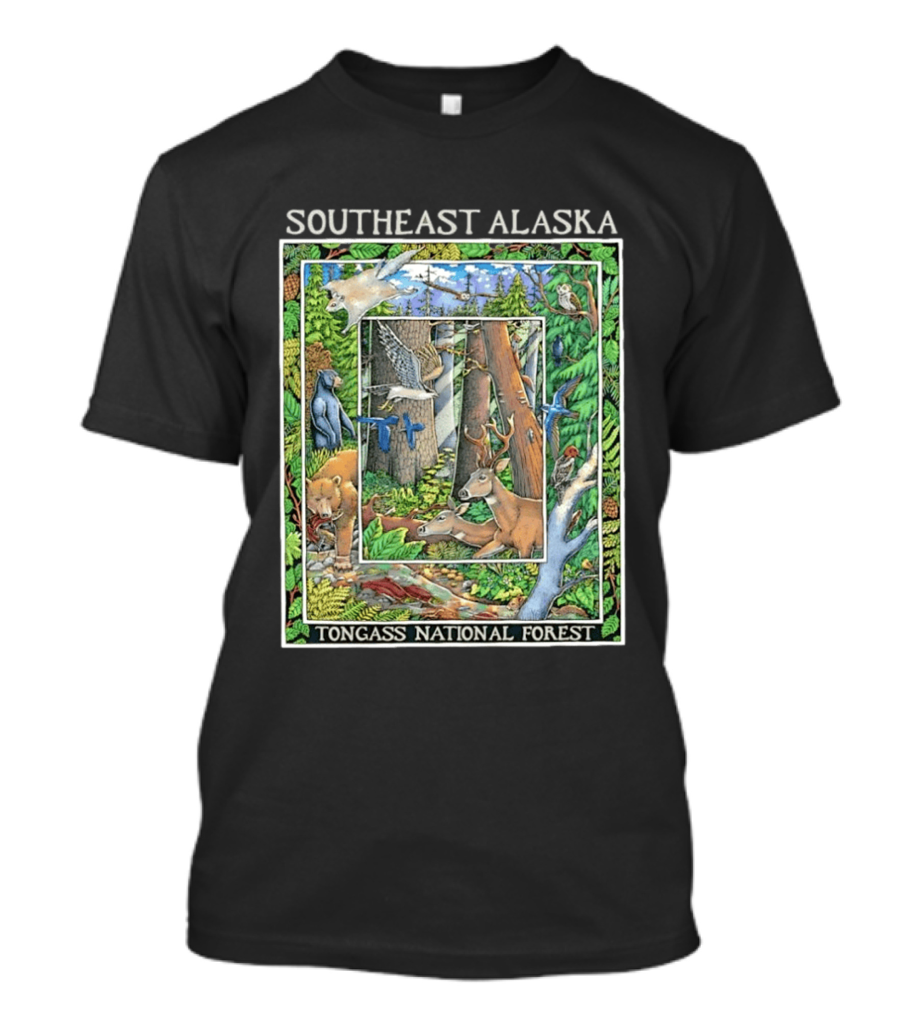Southeast Alaska Tongass National Forest Wildlife Bear Deer Owl Wolf Bird T-Shirt