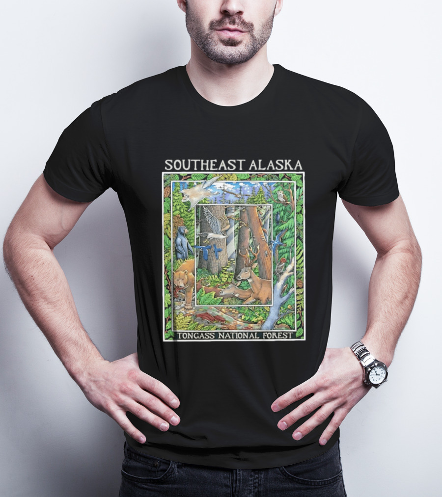 Southeast Alaska Tongass National Forest Wildlife Bear Deer Owl Wolf Bird T-Shirt