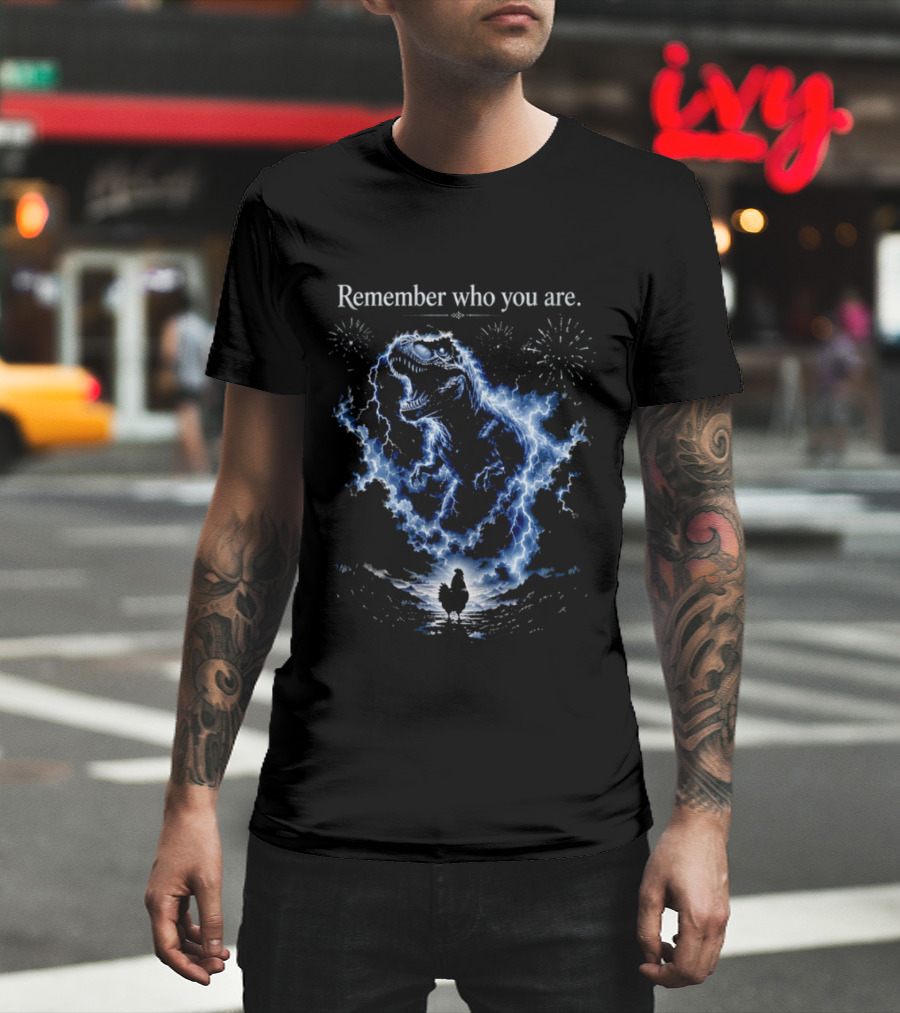 T Rex Chicken Evolution Remember Who You Are Lightning Fireworks T-Shirt