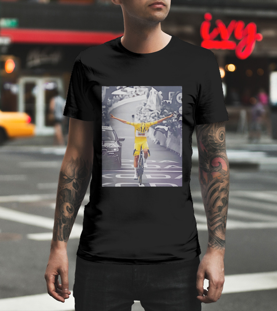 Tadej Pogacar Victory Moment Tour De France Skoda UCL Cyclist In Yellow Jersey T-Shirt