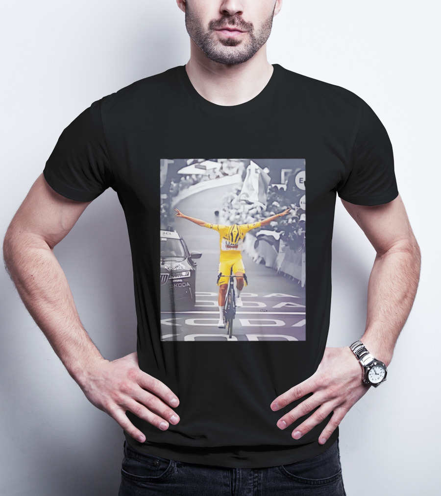 Tadej Pogacar Victory Moment Tour De France Skoda UCL Cyclist In Yellow Jersey T-Shirt