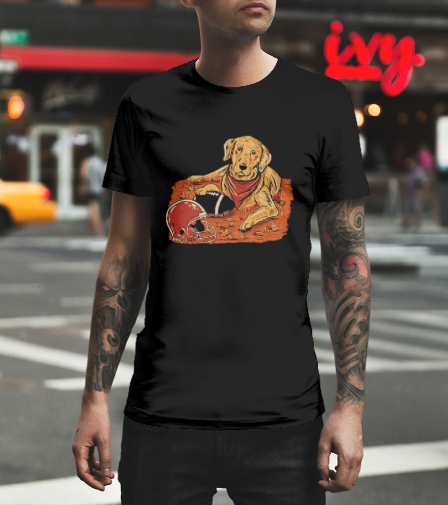 Labrador Retriever Fall Football Scene With Maroon Helmet T-Shirt