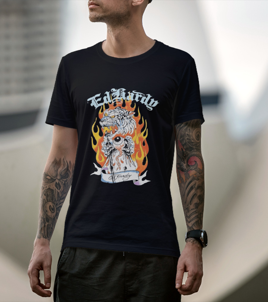 Ed Hardy Flaming Tiger Eyeball Flame Tattoo T-Shirt