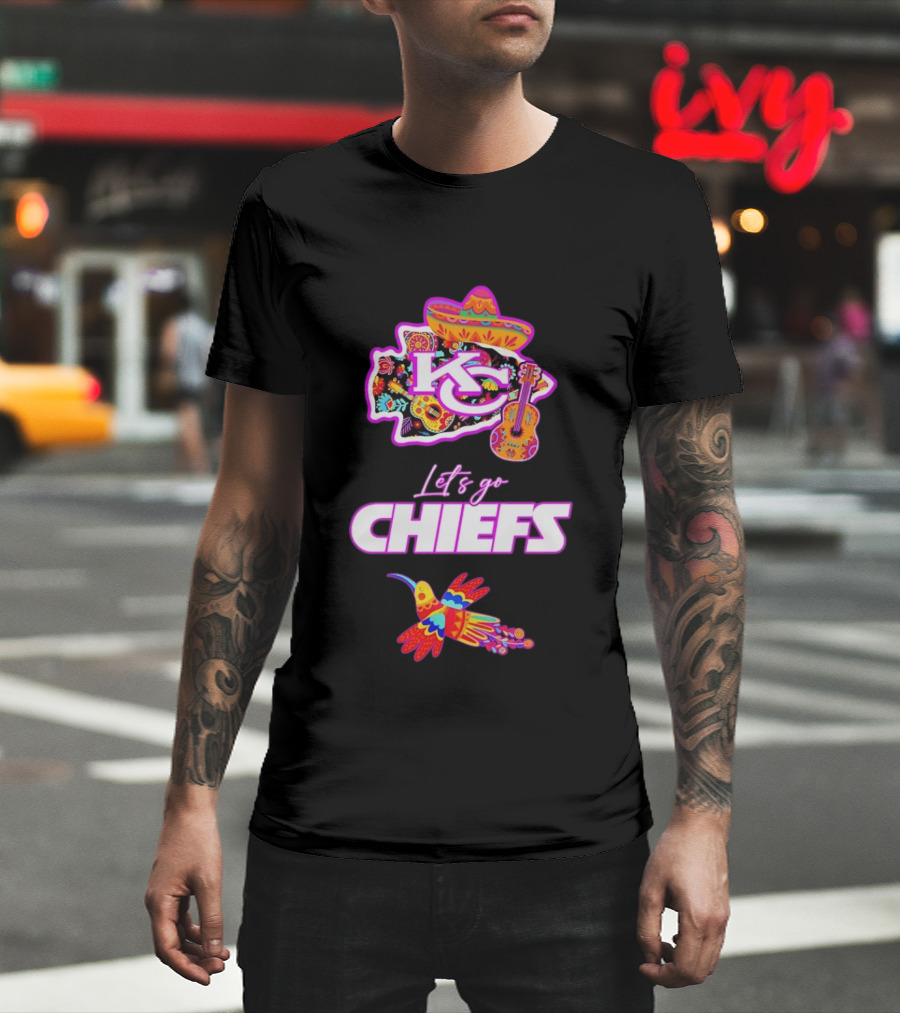 Kansas City Chiefs Let's Go Chiefs Fiesta Hispanic Heritage Mexican Folk KC Sombrero Guitar Hummingbird T-Shirt