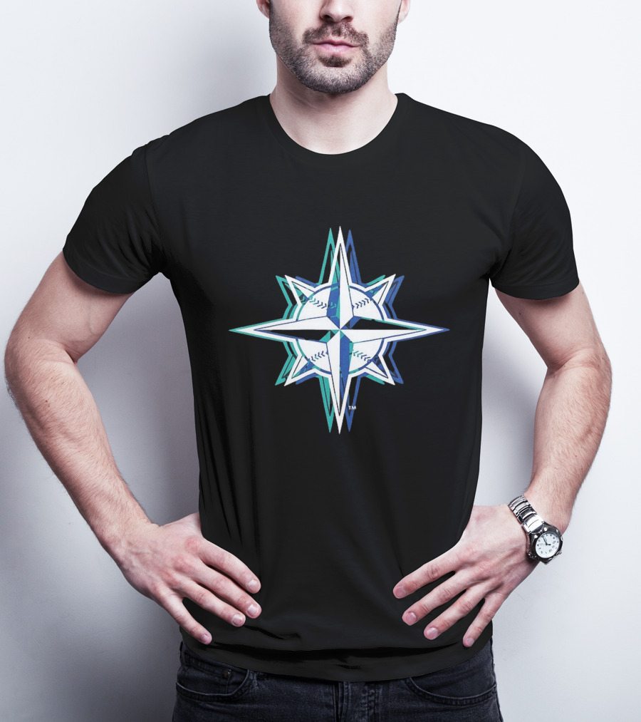 Seattle Mariners MLB 2026 Glitch Star With Baseball Seam Compass T-Shirt