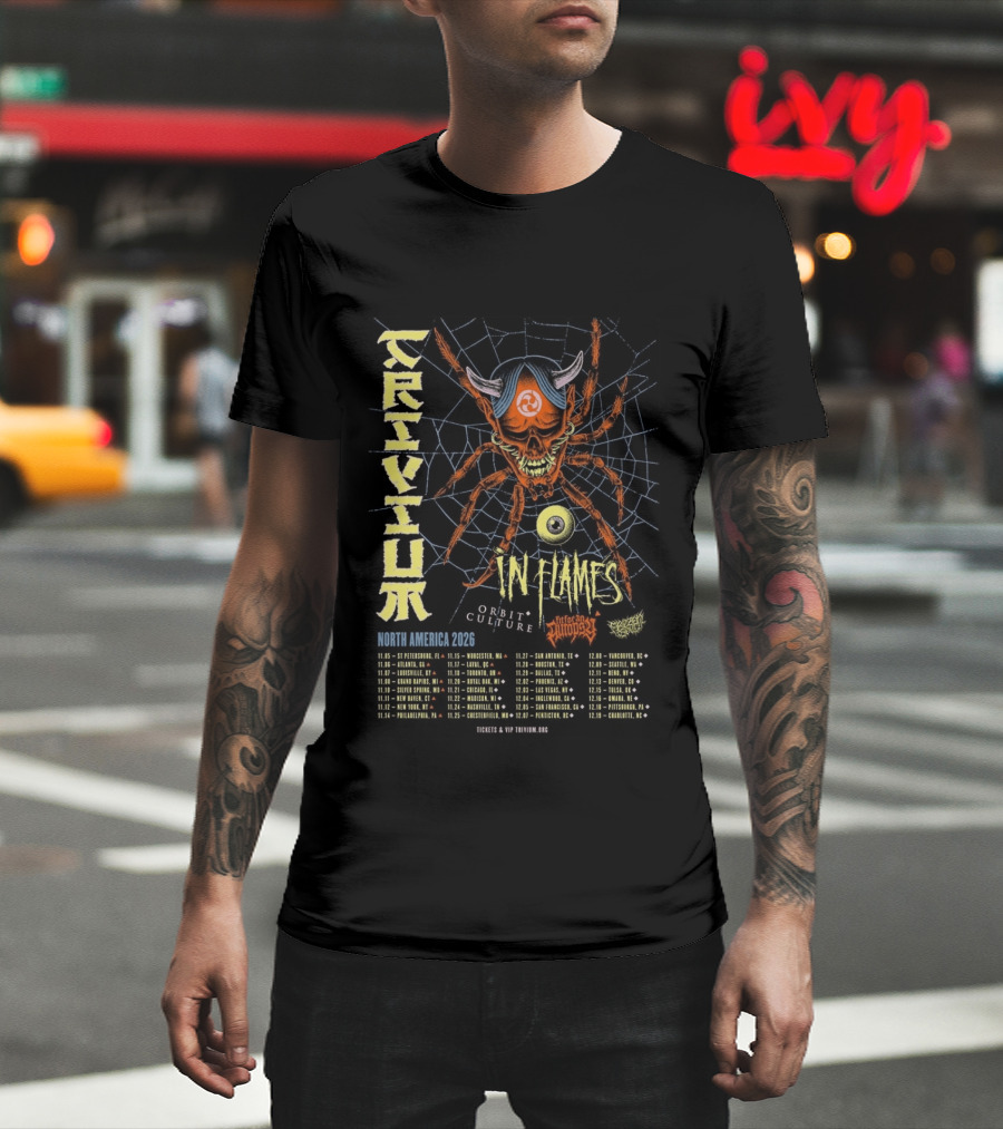 Trivium In Flames Orbit Culture North America 2026 Tour Dates And Cities With Spider T-Shirt