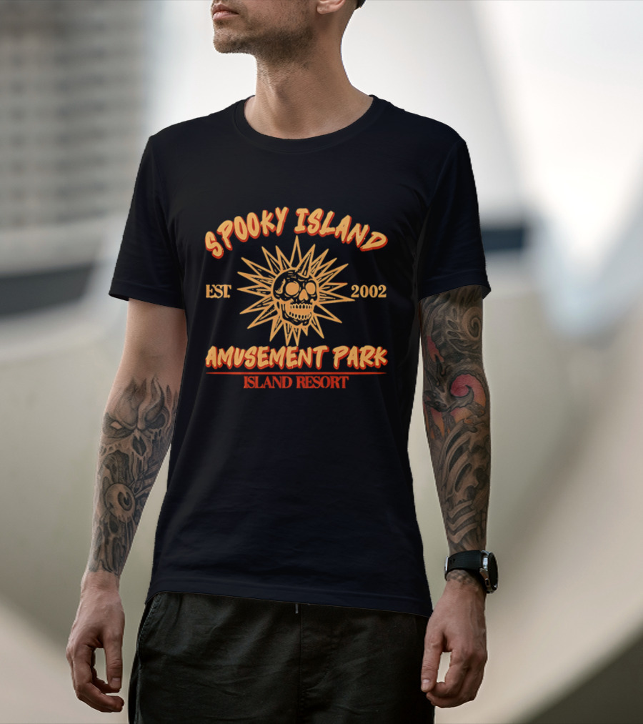 Spooky Island Amusement Park Est 2002 Island Resort Skull Sunburst T-Shirt