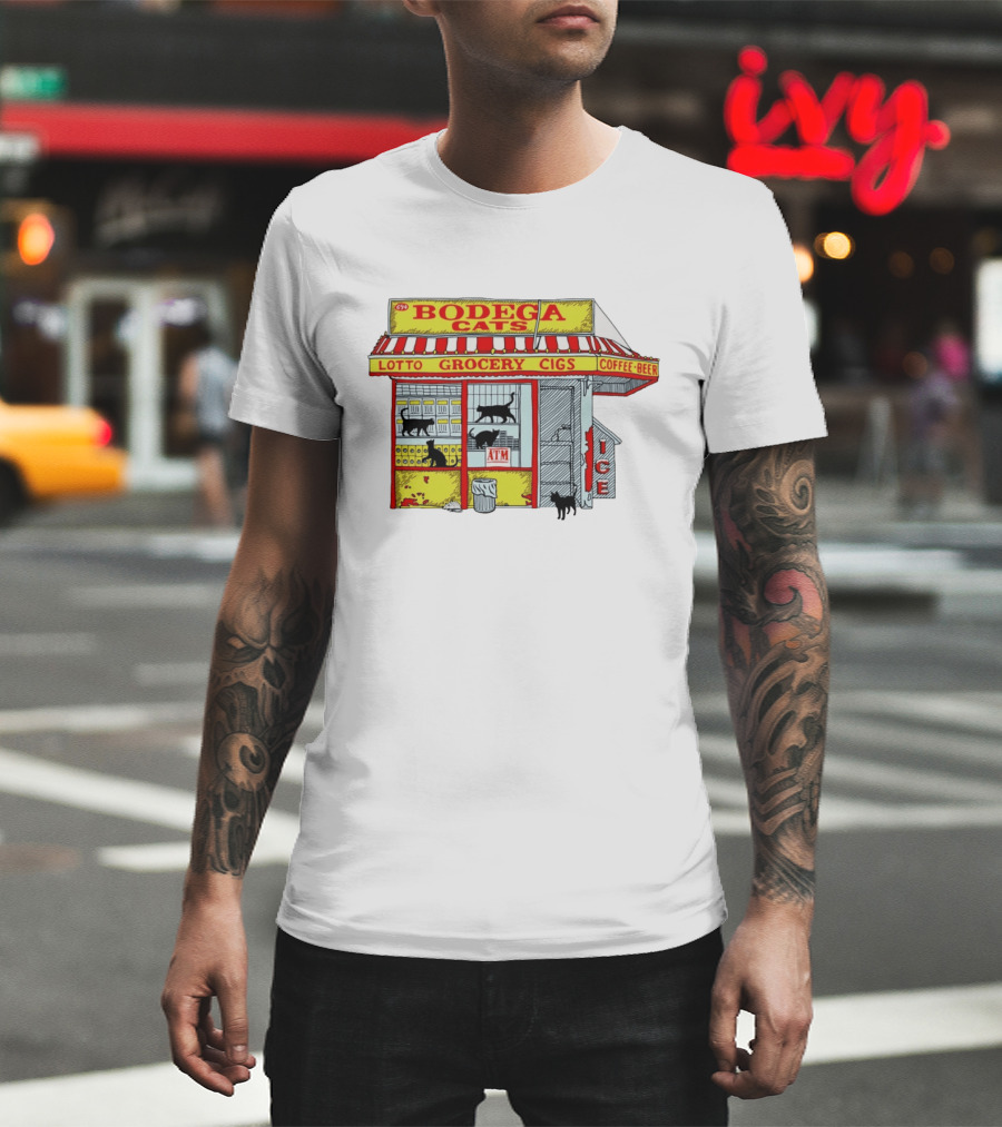 Bodega Cats Grocery Cigs Lotto Coffee Beer Ice ATM T-Shirt