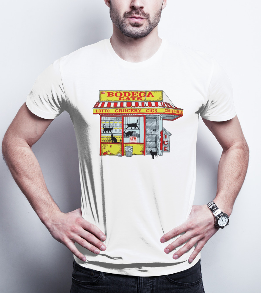 Bodega Cats Grocery Cigs Lotto Coffee Beer Ice ATM T-Shirt