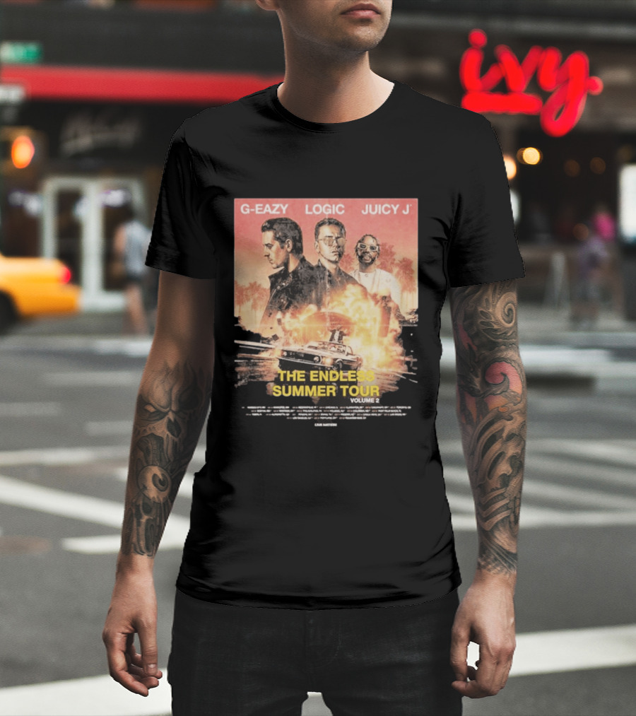 G Eazy Logic Juicy J The Endless Summer Tour Volume 2 2026 Retro Car Palm Trees T-Shirt