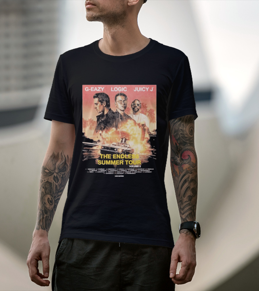 G Eazy Logic Juicy J The Endless Summer Tour Volume 2 2026 Retro Car Palm Trees T-Shirt