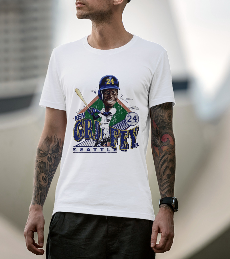 Ken Griffey Jr. Seattle Mariners 24 Baseball Batting Illustration Bruce Stark Collection T-Shirt