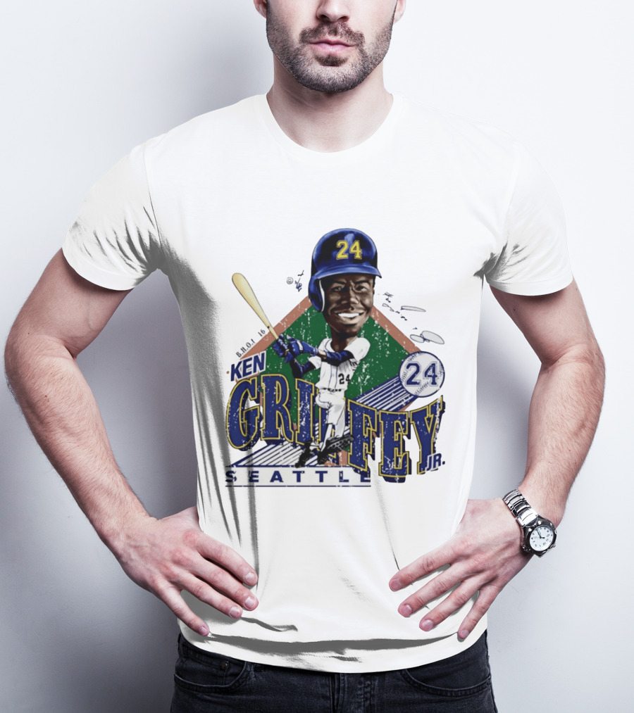 Ken Griffey Jr. Seattle Mariners 24 Baseball Batting Illustration Bruce Stark Collection T-Shirt