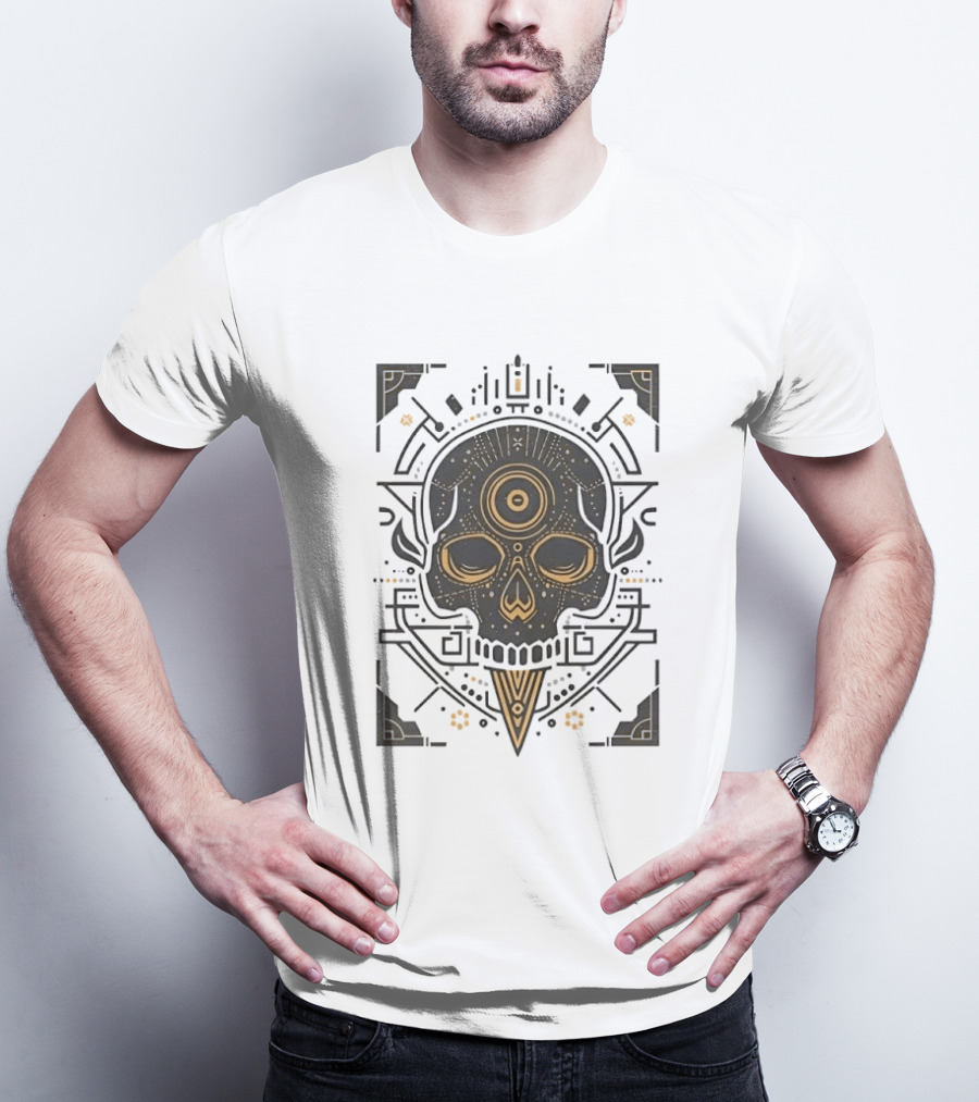 Sacred Geometry Skull Minimalist Golden Ornamental T-Shirt