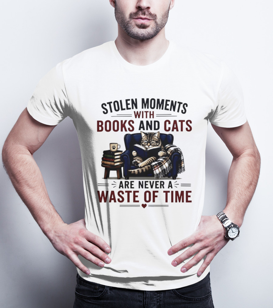 Stolen Moments With Books And Cats Are Never A Waste Of Time Cozy Reading Vibes T-Shirt