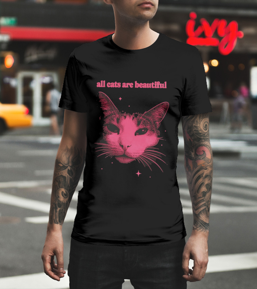 All Cats Are Beautiful Pink Halftone Cat Face With Stars T-Shirt