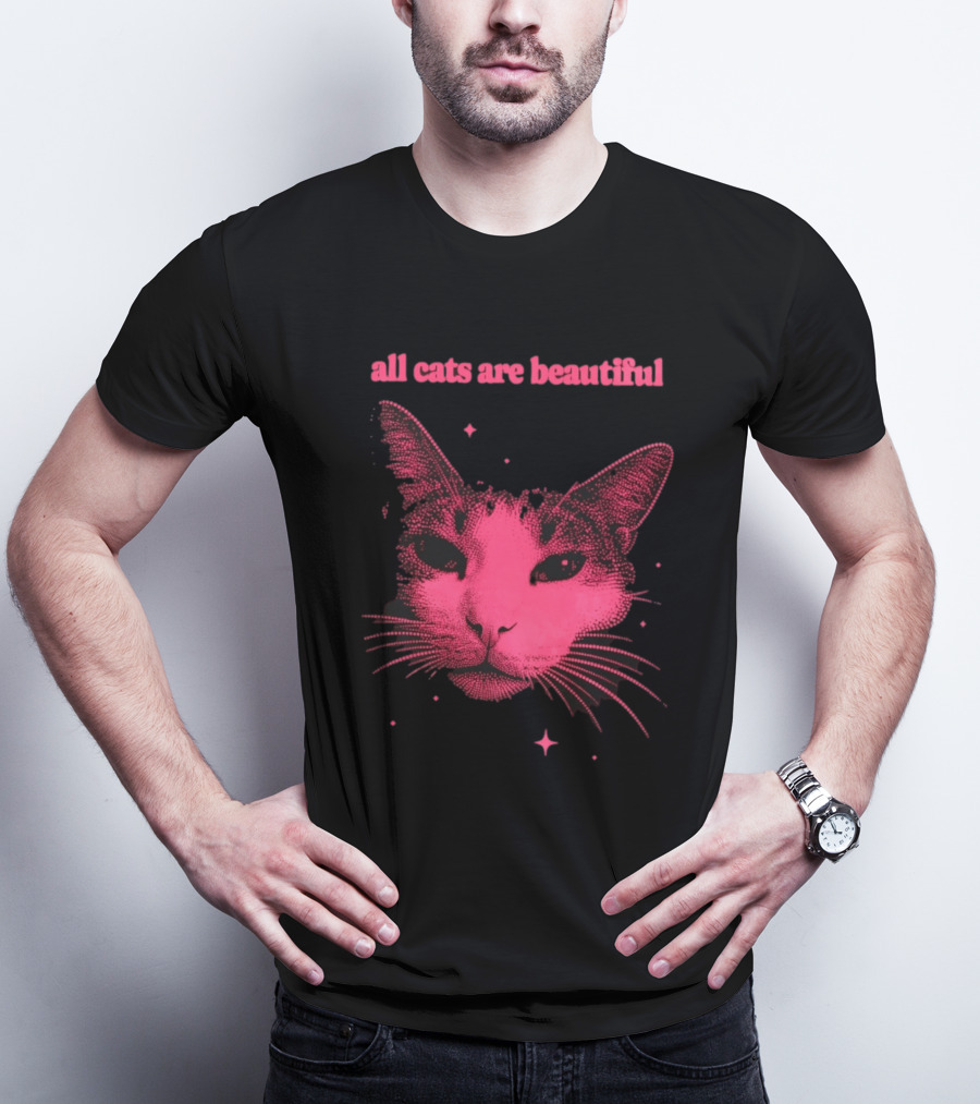 All Cats Are Beautiful Pink Halftone Cat Face With Stars T-Shirt