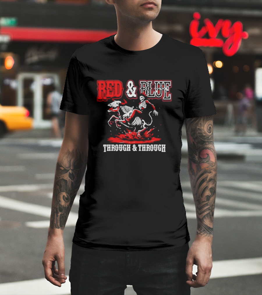 Red And Blue Through And Through Skeleton Cowboy Riding Horse T-Shirt