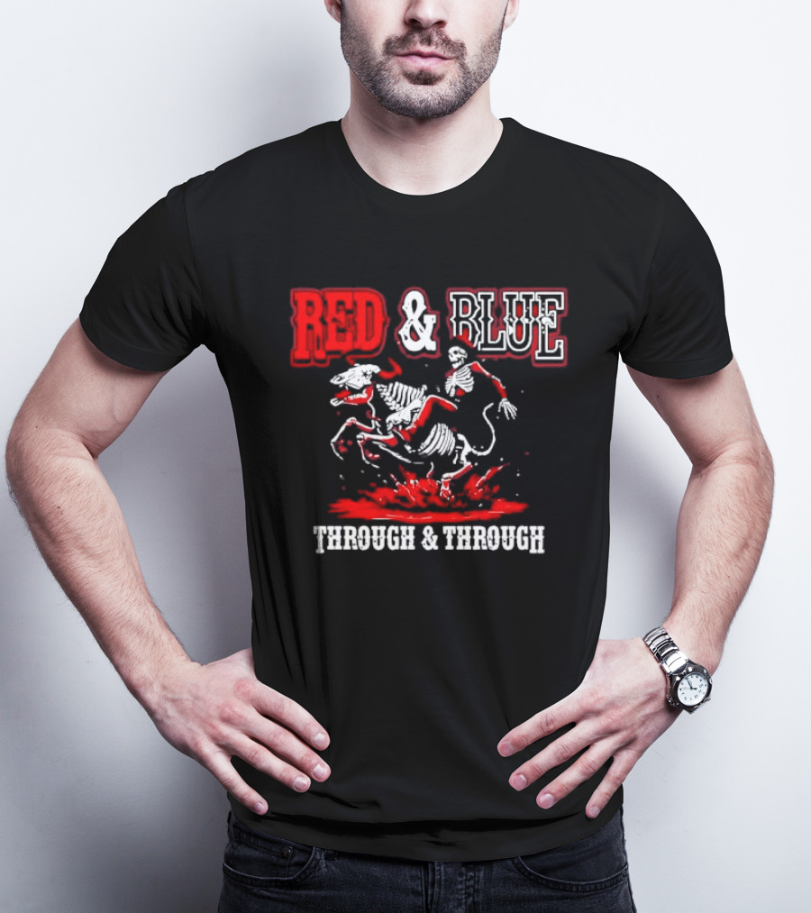 Red And Blue Through And Through Skeleton Cowboy Riding Horse T-Shirt