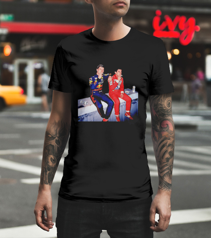 Max Verstappen Red Bull Racing And Ayrton Senna Honda Marlboro F1 Legends Smoking Together T-Shirt