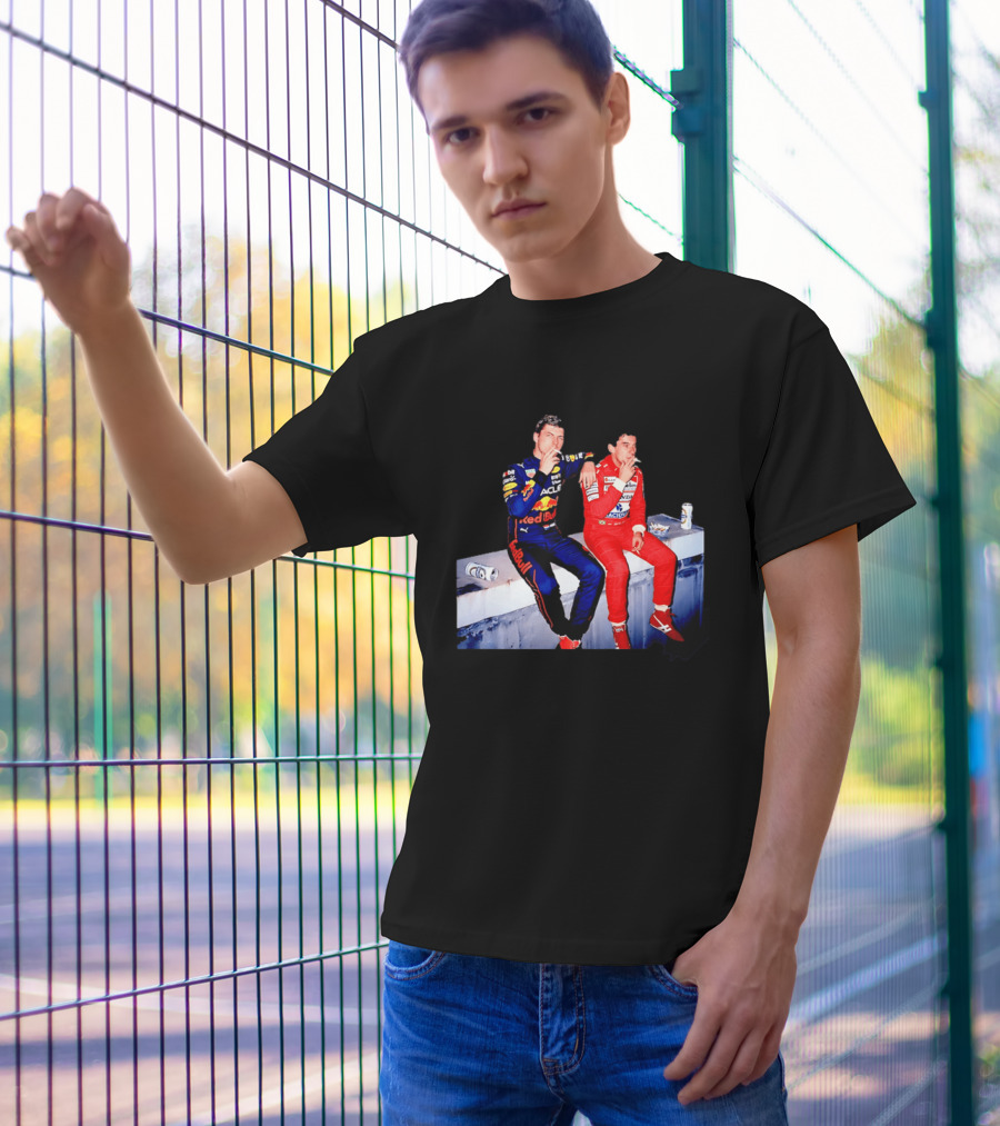Max Verstappen Red Bull Racing And Ayrton Senna Honda Marlboro F1 Legends Smoking Together T-Shirt