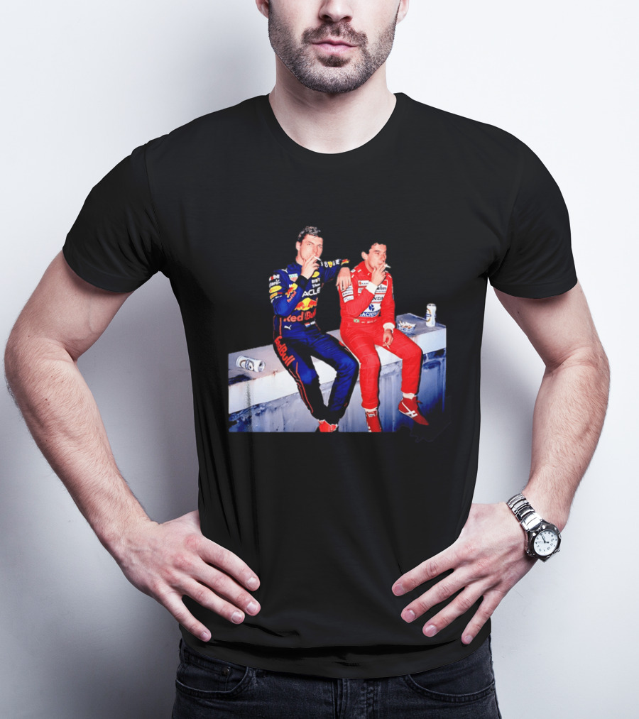 Max Verstappen Red Bull Racing And Ayrton Senna Honda Marlboro F1 Legends Smoking Together T-Shirt